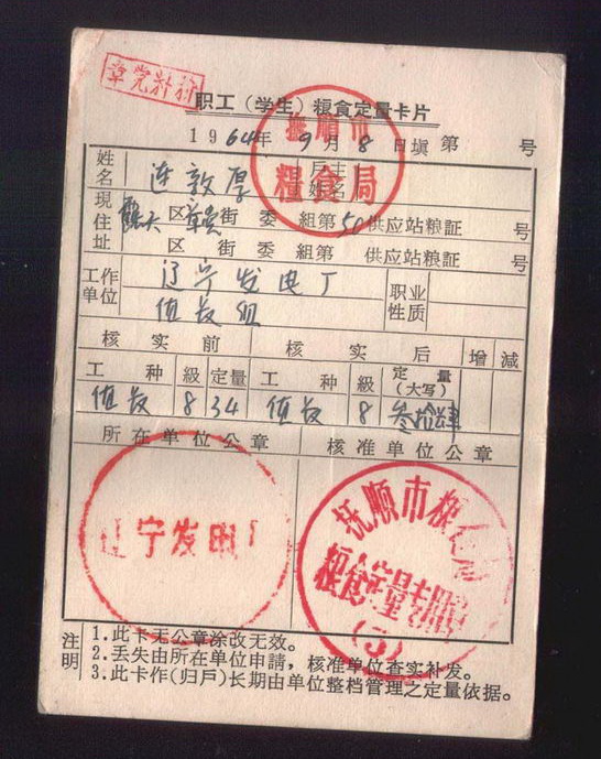 Fushun Grain Rations Card 1964 – Everyday Life in Mao's China