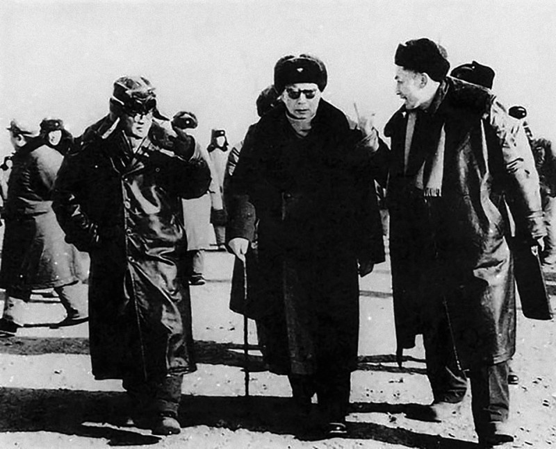 Nie Rongzhen, Wang Ganchang, and Zhu Guangya at Qinghai nuclear testing ...